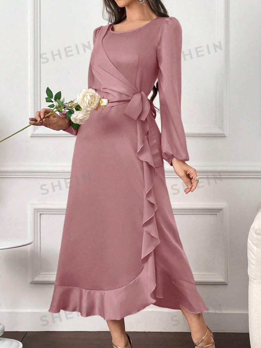 SHEIN Modely Women Spring Elegant Solid Color Lantern Sleeve Ruffled ...