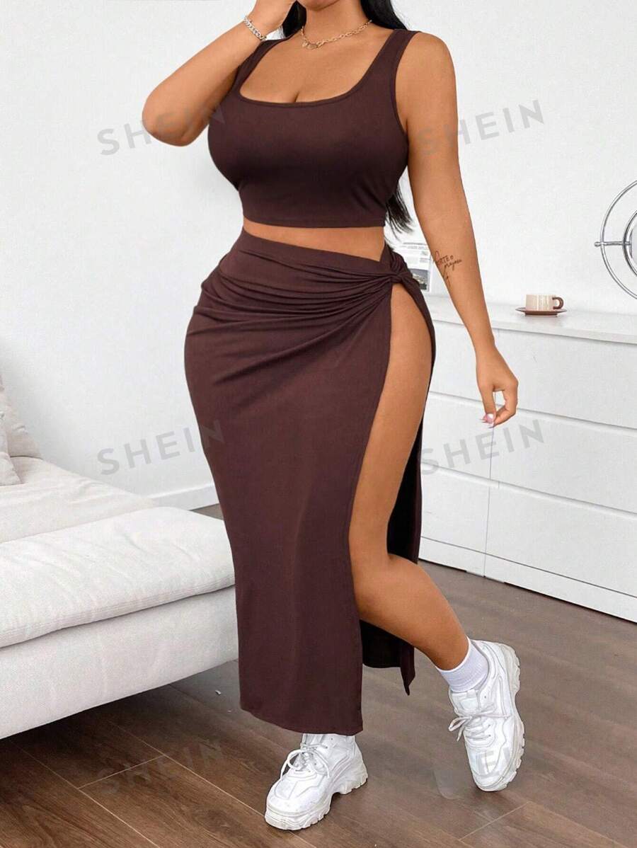 Shein Ezwear Damen Zweiteiliges Set Bestehend Aus Kariertem Ärmellosem