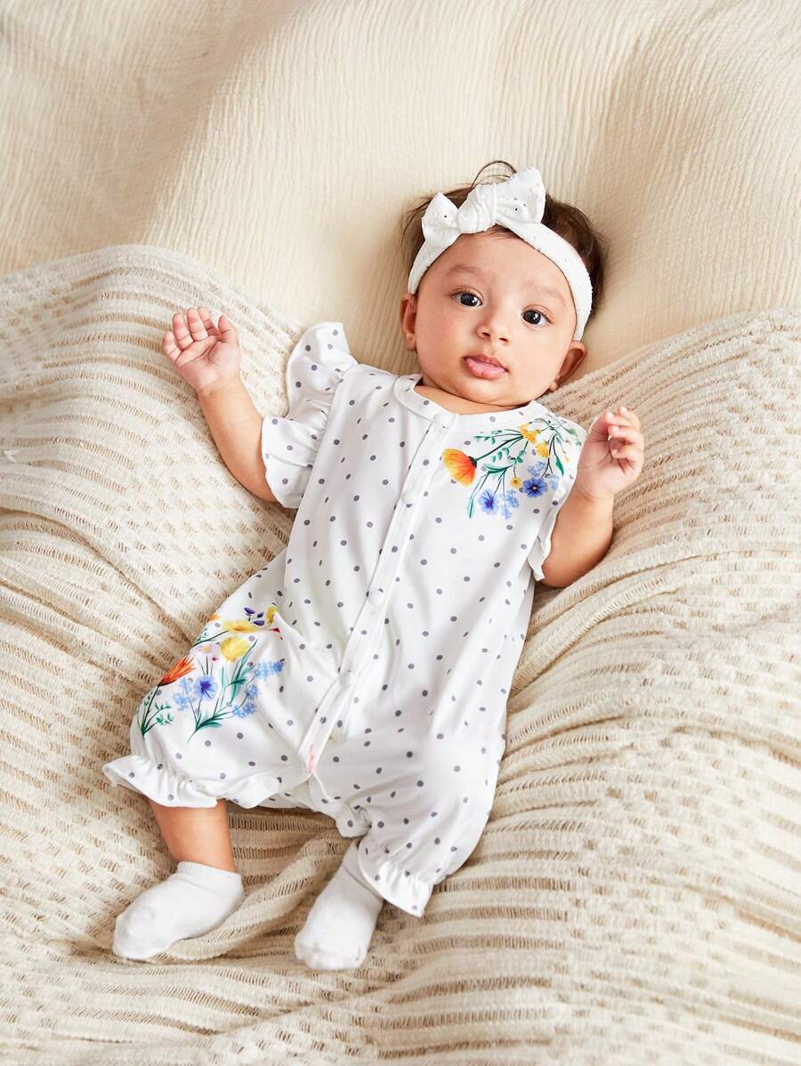 SHEIN Newborn Baby Girl Polka Dot Flower Print Sleeveless Romper With ...