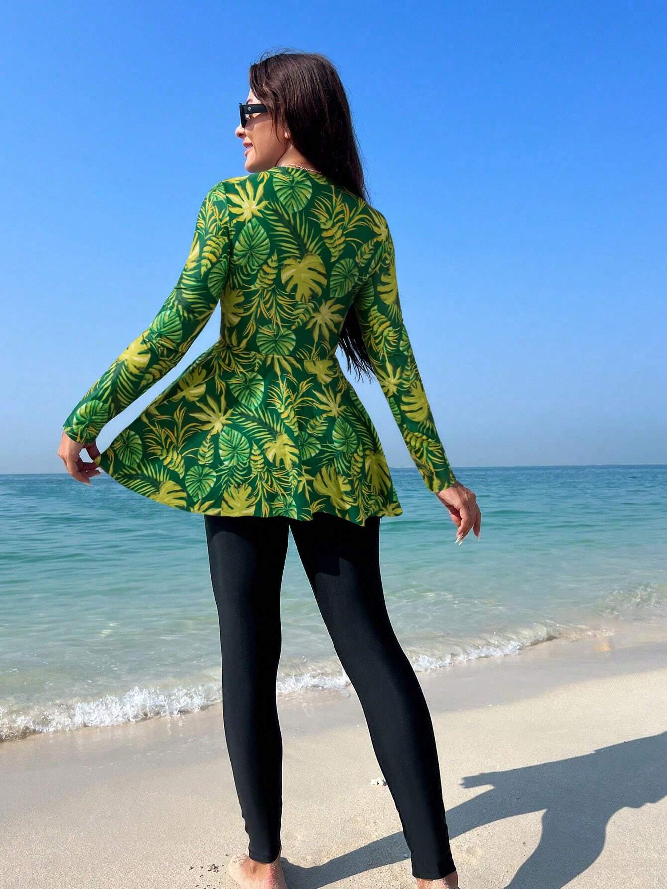 SHEIN Swim Mulvari Zipper Full Print Long Sleeve Bikini Set | SHEIN USA