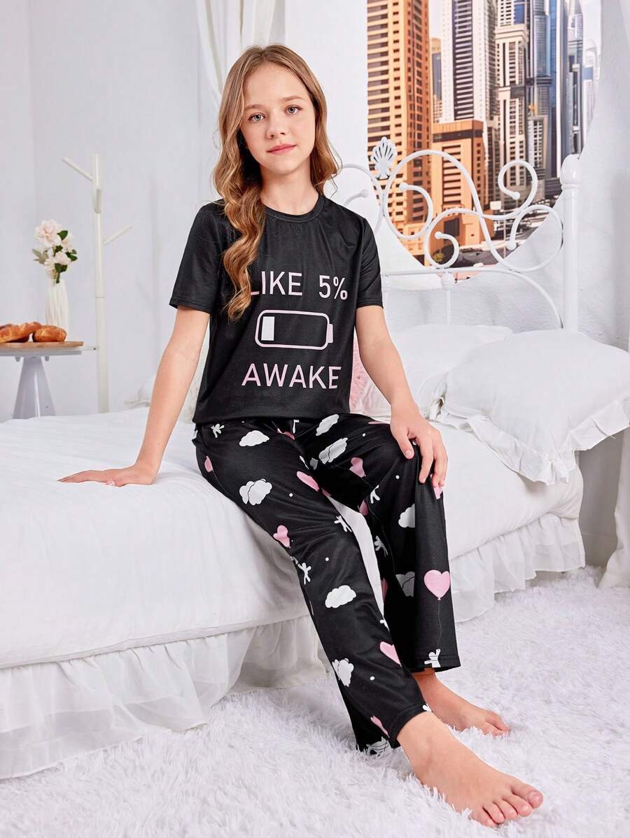 SHEIN Tween Girl Cute Sweet Short Sleeve And Long Pants Knit Flame ...