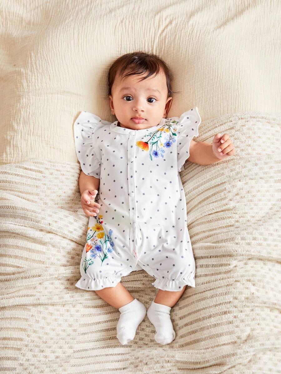 SHEIN Newborn Baby Girl Polka Dot Flower Print Sleeveless Romper With ...