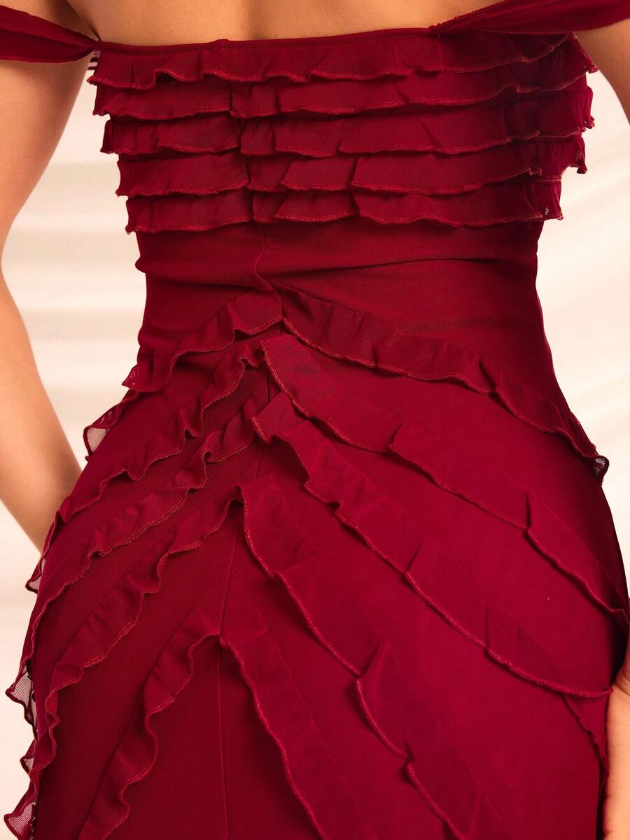 Mesh Ruffle Trim Off Shoulder Ruched Split Thigh Sheer Unlined Cloth ...