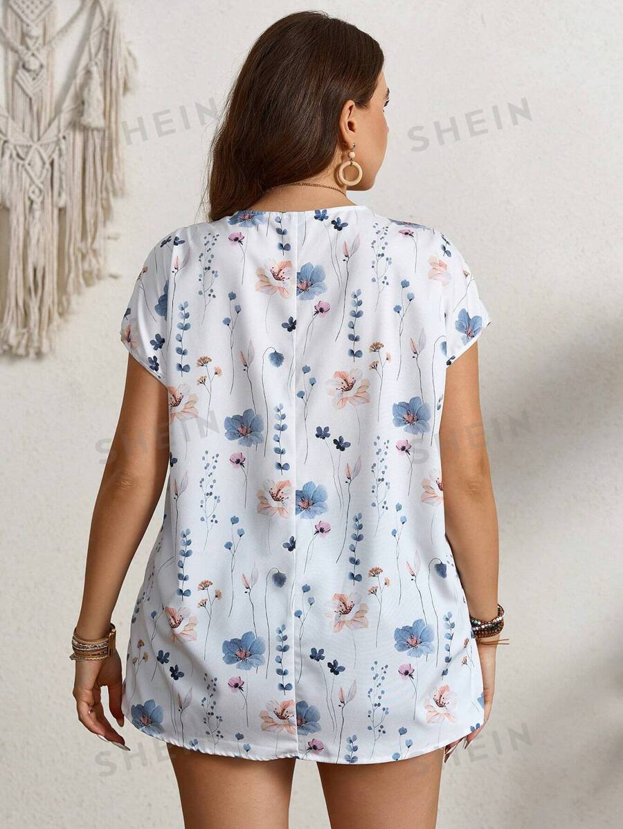 SHEIN LUNE Plus Size Plant & Floral Romantic Casual Summer Shirt With ...