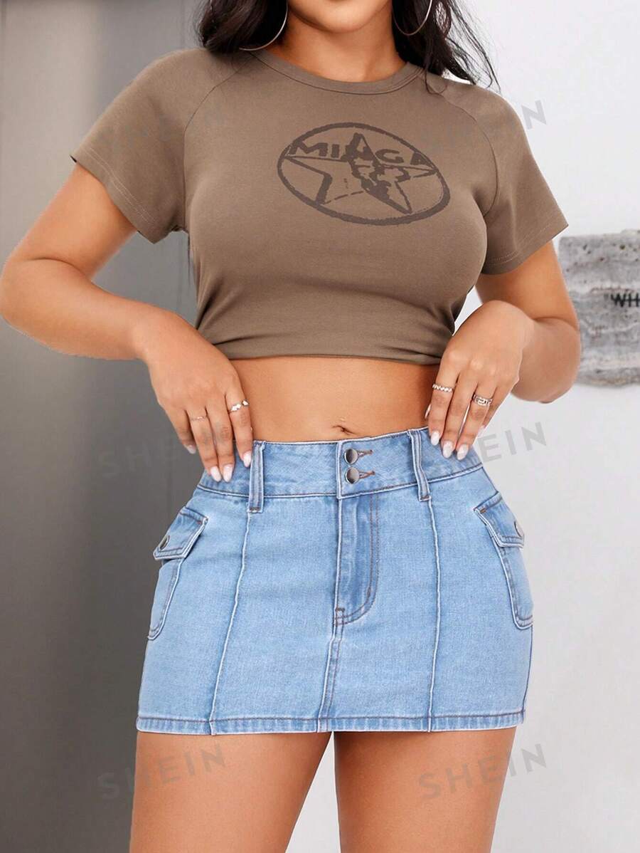 SHEIN SXY Women Light Blue Flip Pocket Ultra Short Denim Skirt | SHEIN USA