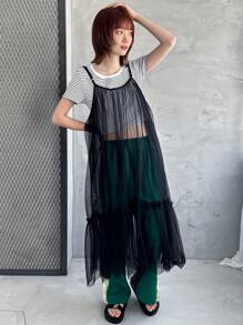 FRIFUL Solid Ruffle Hem Mesh Cami Dress Without Tee Sheer,Casual Women ...