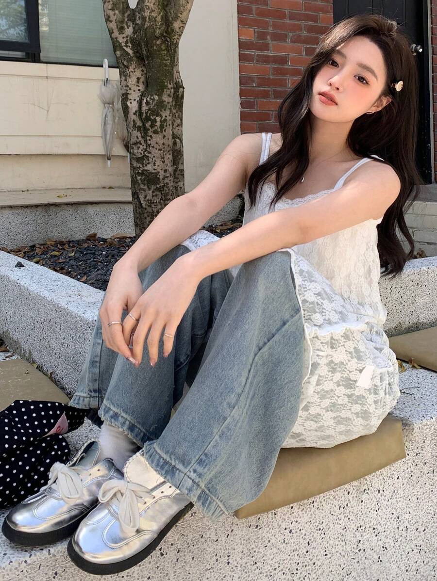 DAZY Solid Color Lace Splicing Women Summer Long Tank Top Going Out ...