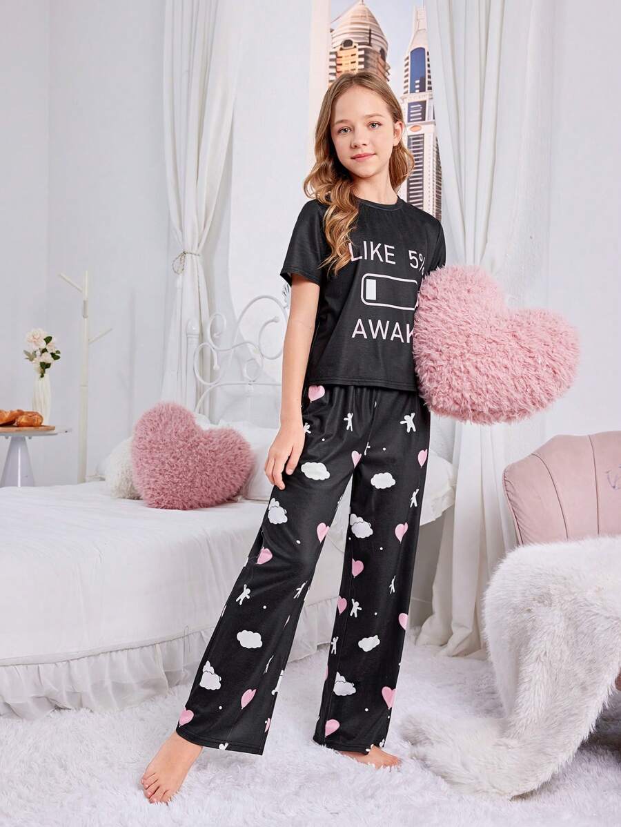 SHEIN Tween Girl Cute Sweet Short Sleeve And Long Pants Knit Flame ...
