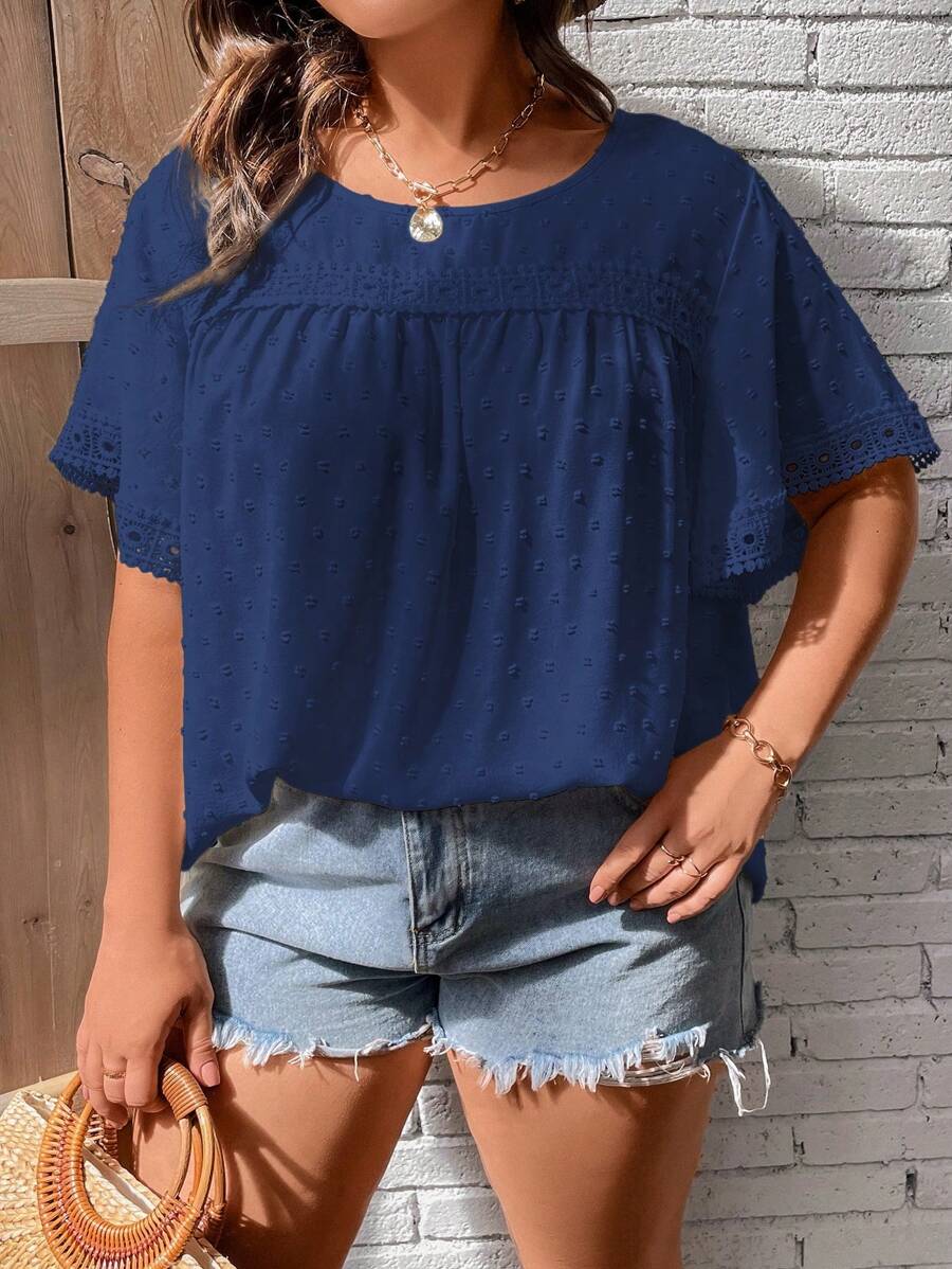 SHEIN Franclia Plus Size Summer Casual Solid Color Lace Patchwork Short Sleeve Shirt | SHEIN USA