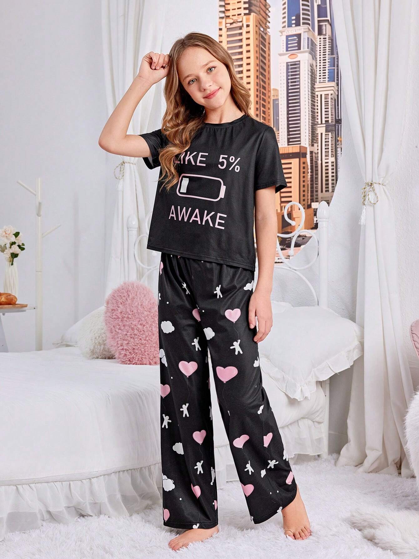 SHEIN Tween Girl Cute Sweet Short Sleeve And Long Pants Knit Flame ...