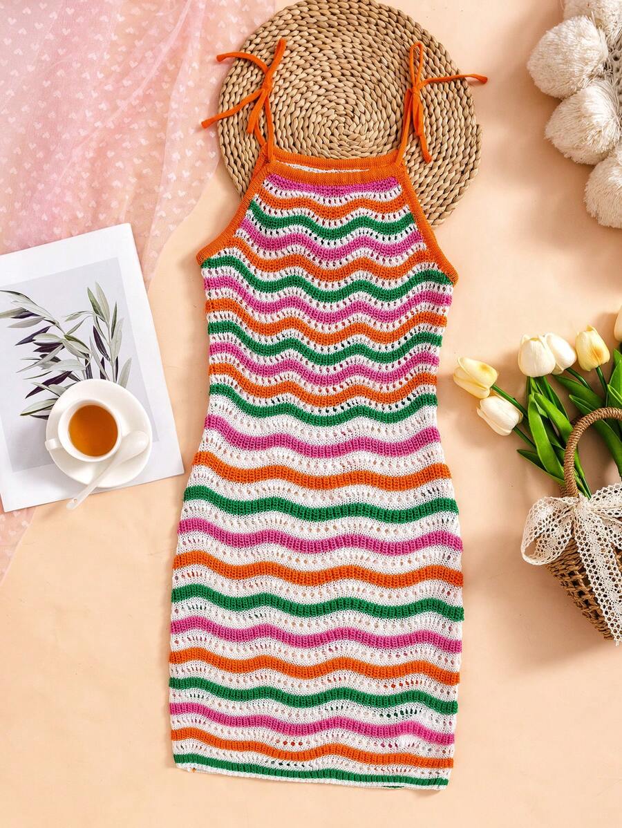 SHEIN Tween Girl Vacation Style Wave Stripe Pattern Shoulder Knotting ...