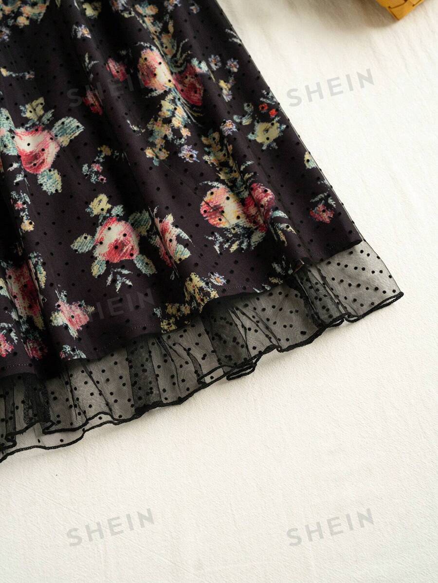 SHEIN WYWH Plus Size Women's Black Mesh Dress With Red Floral Print ...