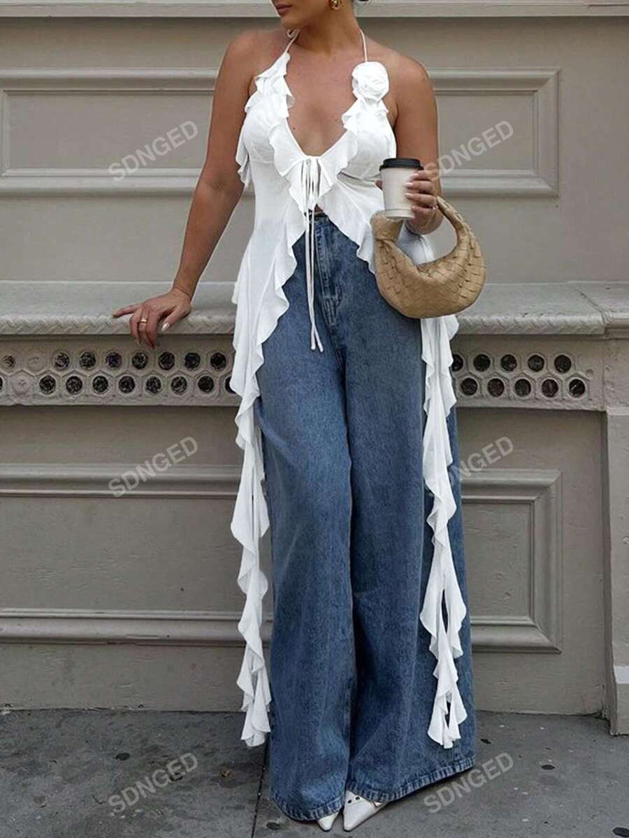 Sexy Ruffled Backless Halter Neck Sleeveless Top For Summer | SHEIN USA