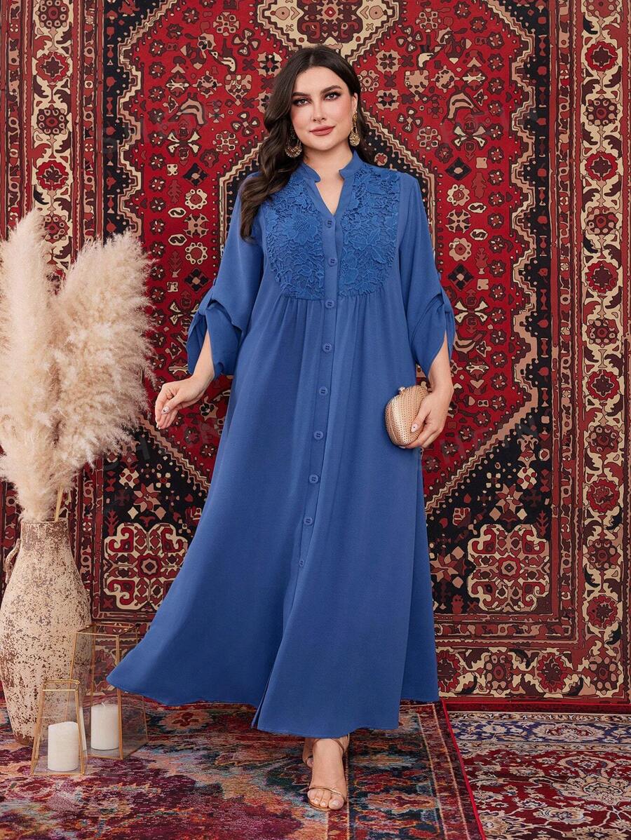 SHEIN Najma Plus Size Lace Splice Roll Tab Sleeve Arabic Clothing ...