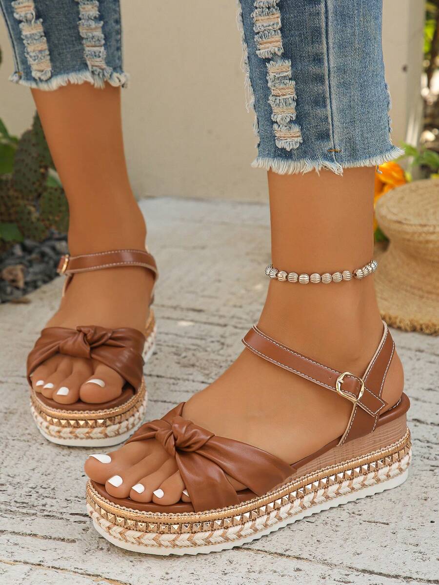Fashionable And Casual Rust-Brown Wedge Heel Thick-Soled Sandals For ...