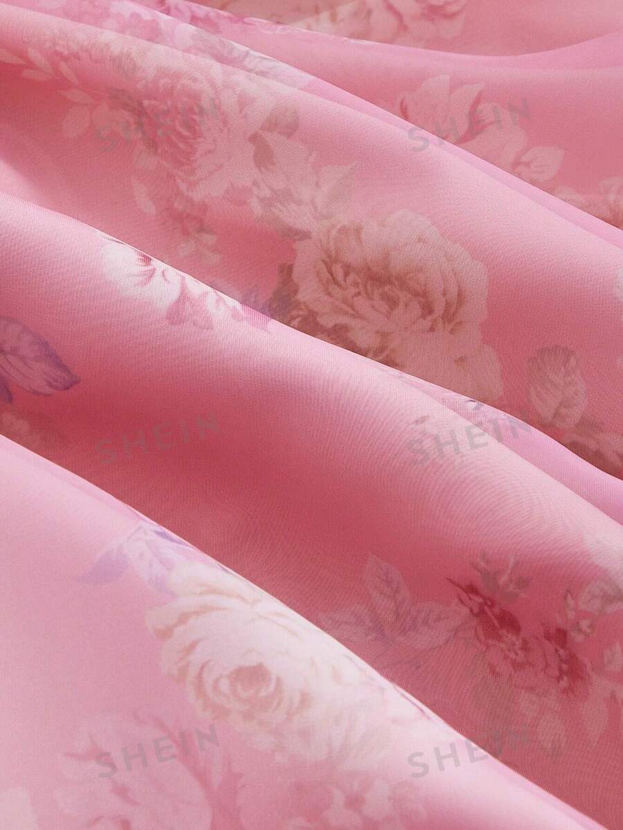 SHEIN MOD Romantic Floral Print Square Neckline Dress With Cinching ...