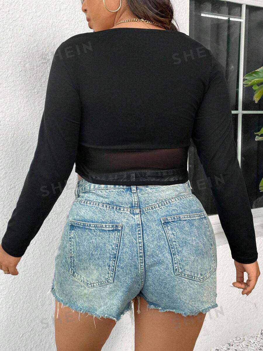 SHEIN Privé Plus Size Elegant Black Mesh Insert Corset Top With Faux ...