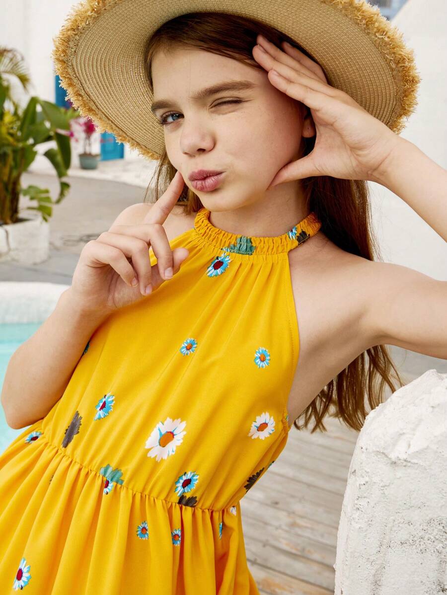 Robe maxi sans manches à col halter pour fille adolescente avec motif ...