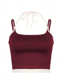 SHEIN Women Summer Color-Blocked Cropped Halter Top With Straps | SHEIN USA