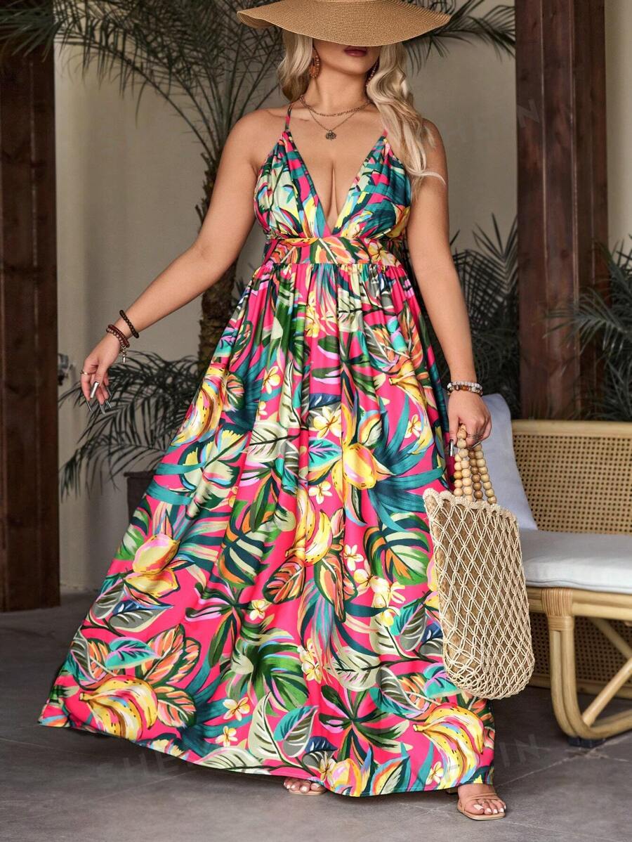 SHEIN CURVE+ Plus Size Tropical Floral Plant Print Deep V-Neck ...