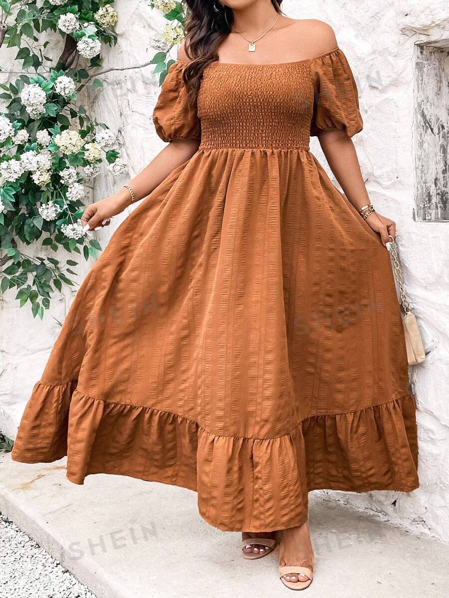 SHEIN VCAY Plus Size Desert Style Short Sleeve Off Shoulder Texture ...