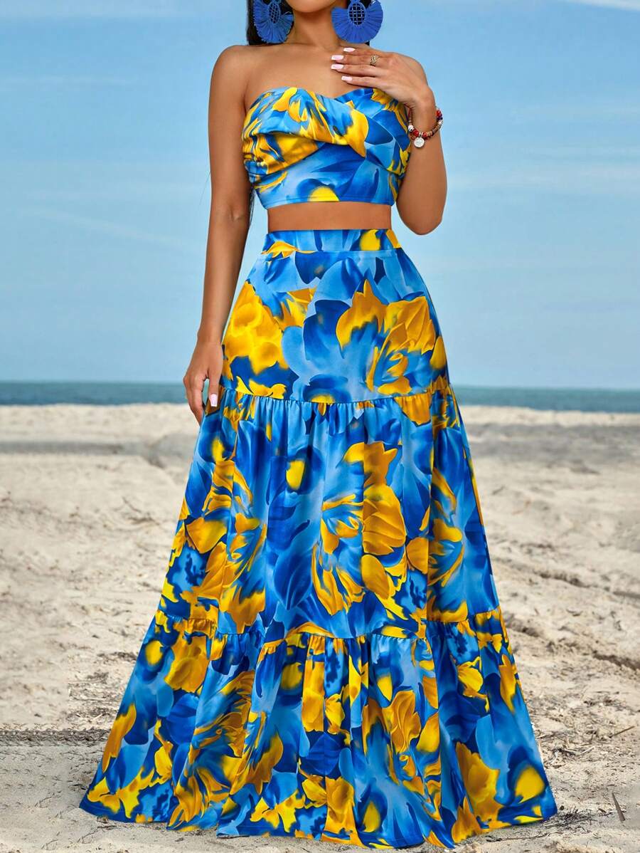 Shein Slayr Ruched Side Twist Bandeau Top And Split Thigh Ruffle Hem