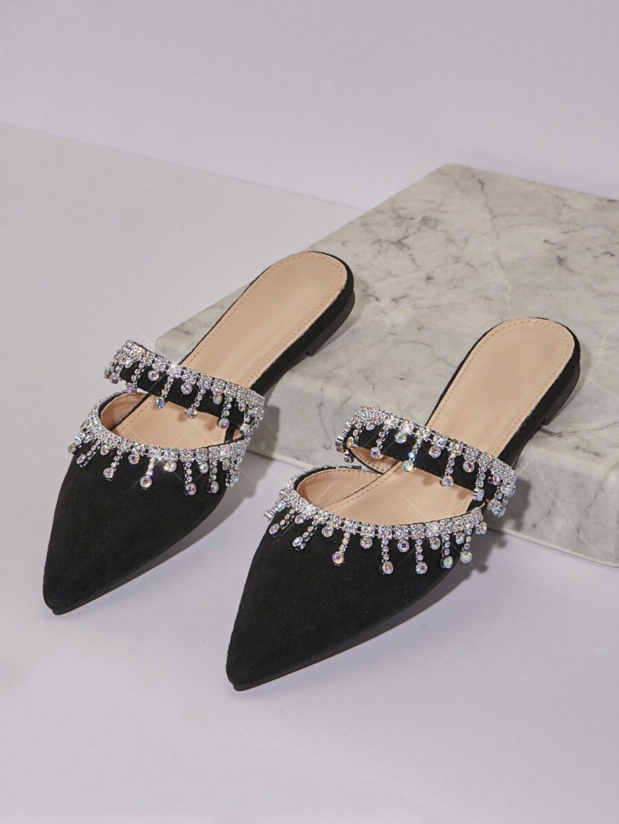 SHUZIA Women Rhinestone Decorated Pointed Toe Flat Mules For Daily Wear ...