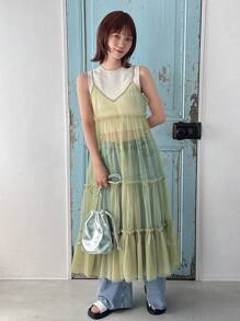 FRIFUL Mesh Ruffle Hem See Through Summer Casual Dress Sundress | SHEIN USA