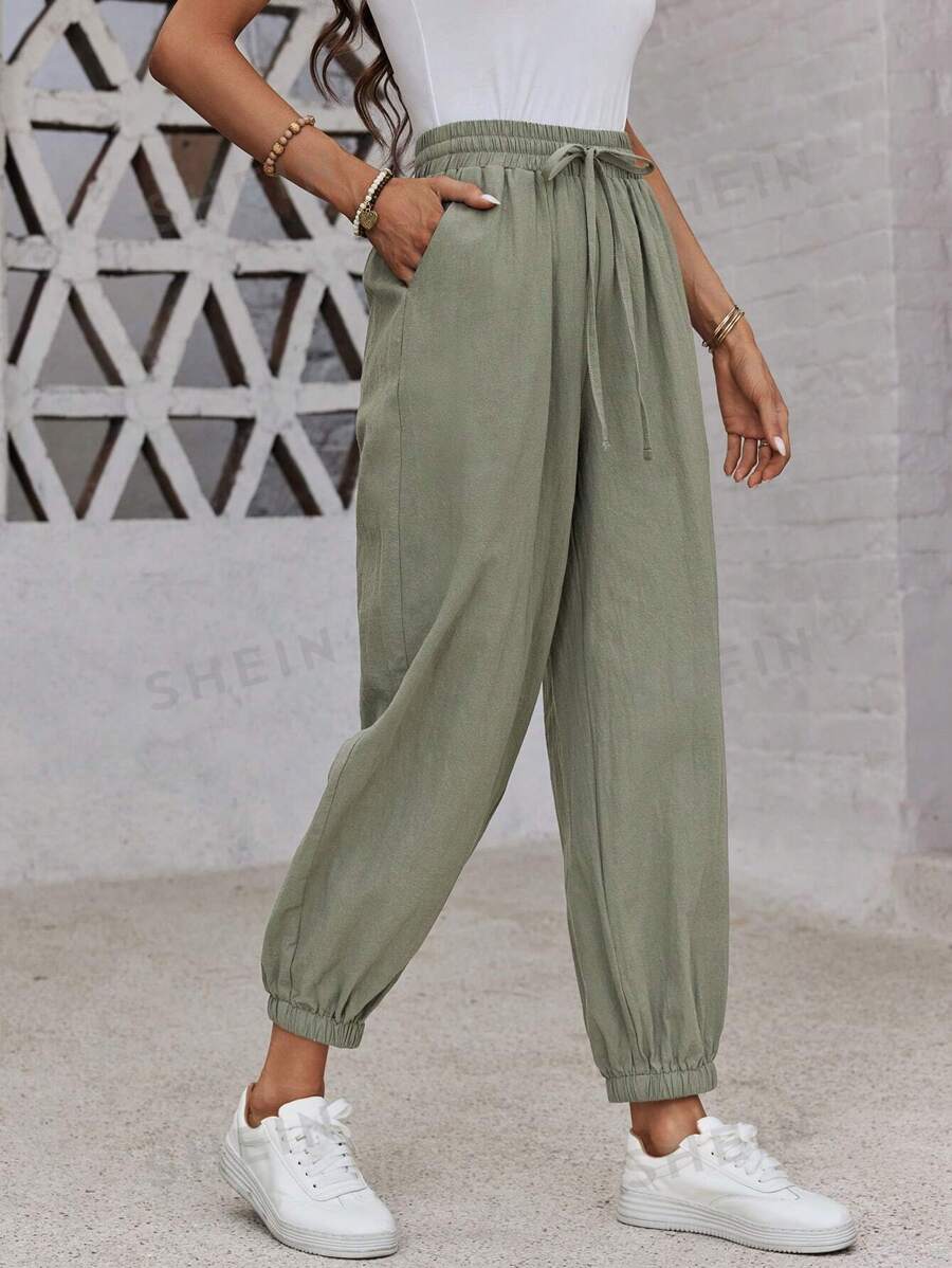 SHEIN LUNE Women Elastic Waistband Drawstring Cuff Cropped Pants With ...