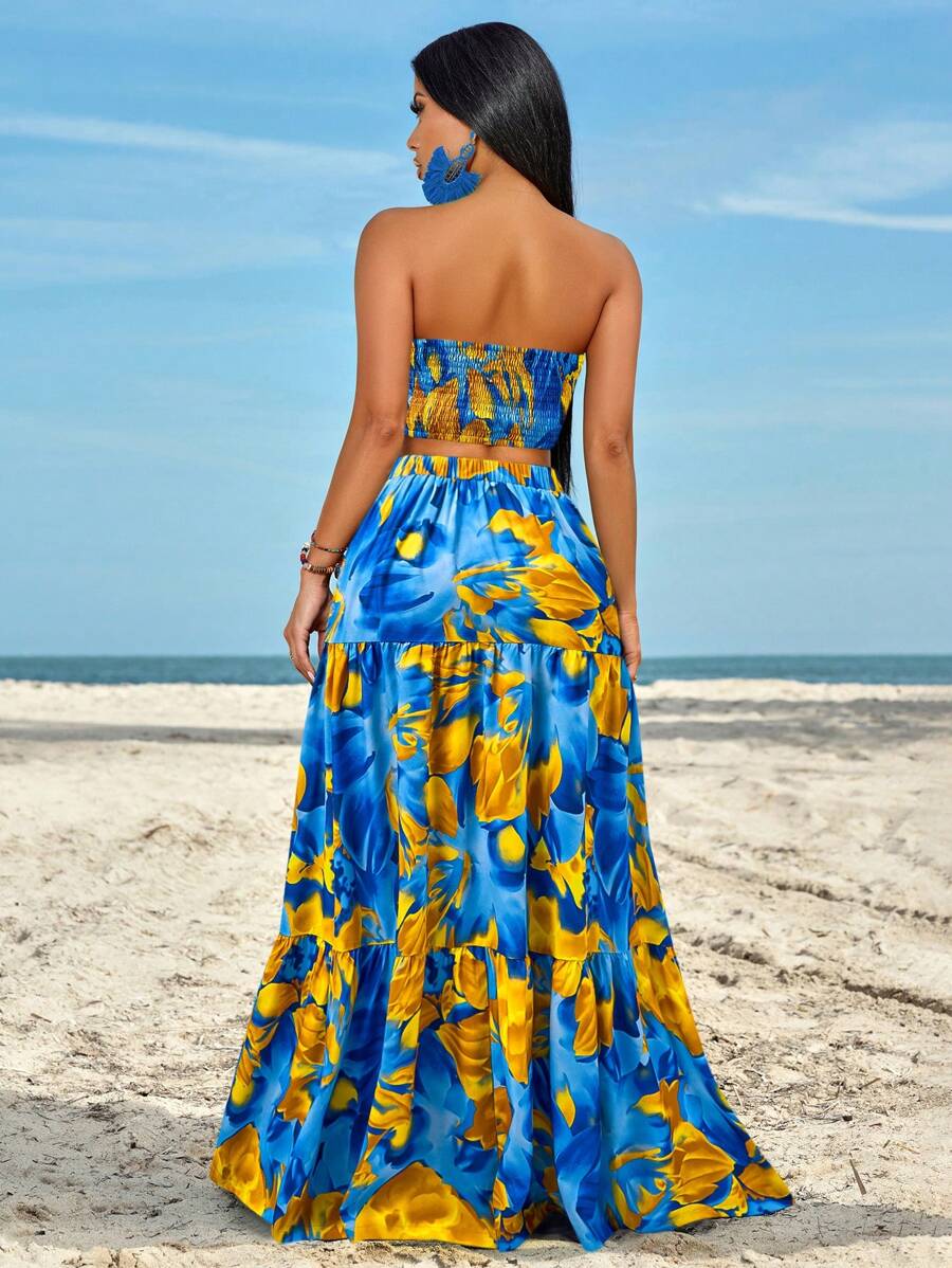 Shein Slayr Ruched Side Twist Bandeau Top And Split Thigh Ruffle Hem