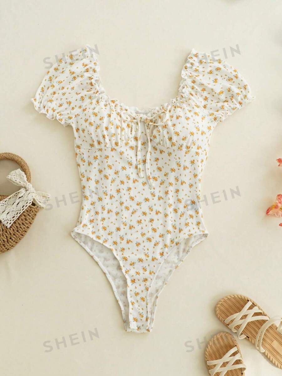 SHEIN WYWH Body floral con mangas de burbujas, cuello en V y nudo en la ...