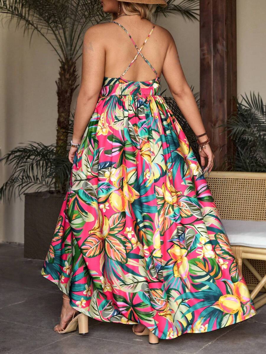SHEIN CURVE+ Plus Size Tropical Floral Plant Print Deep V-Neck ...