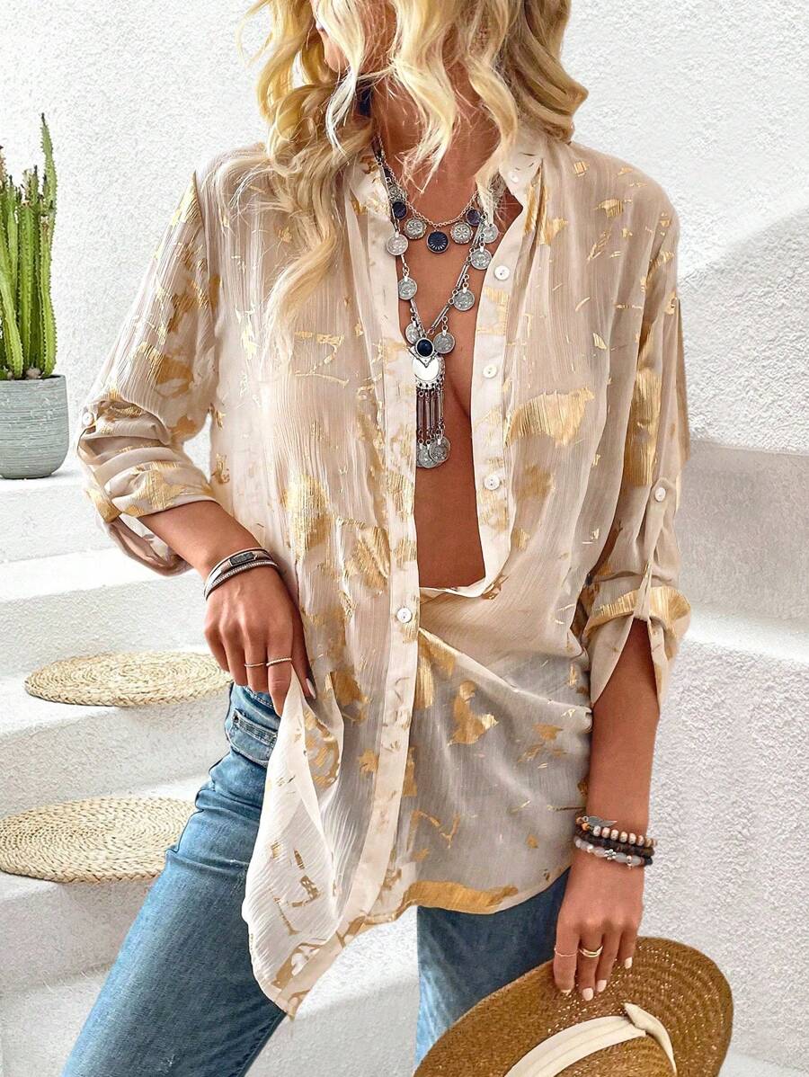 Calvaya Ladies' Full Printed Long Sleeve Shirt,Long Sleeve Tops | SHEIN USA