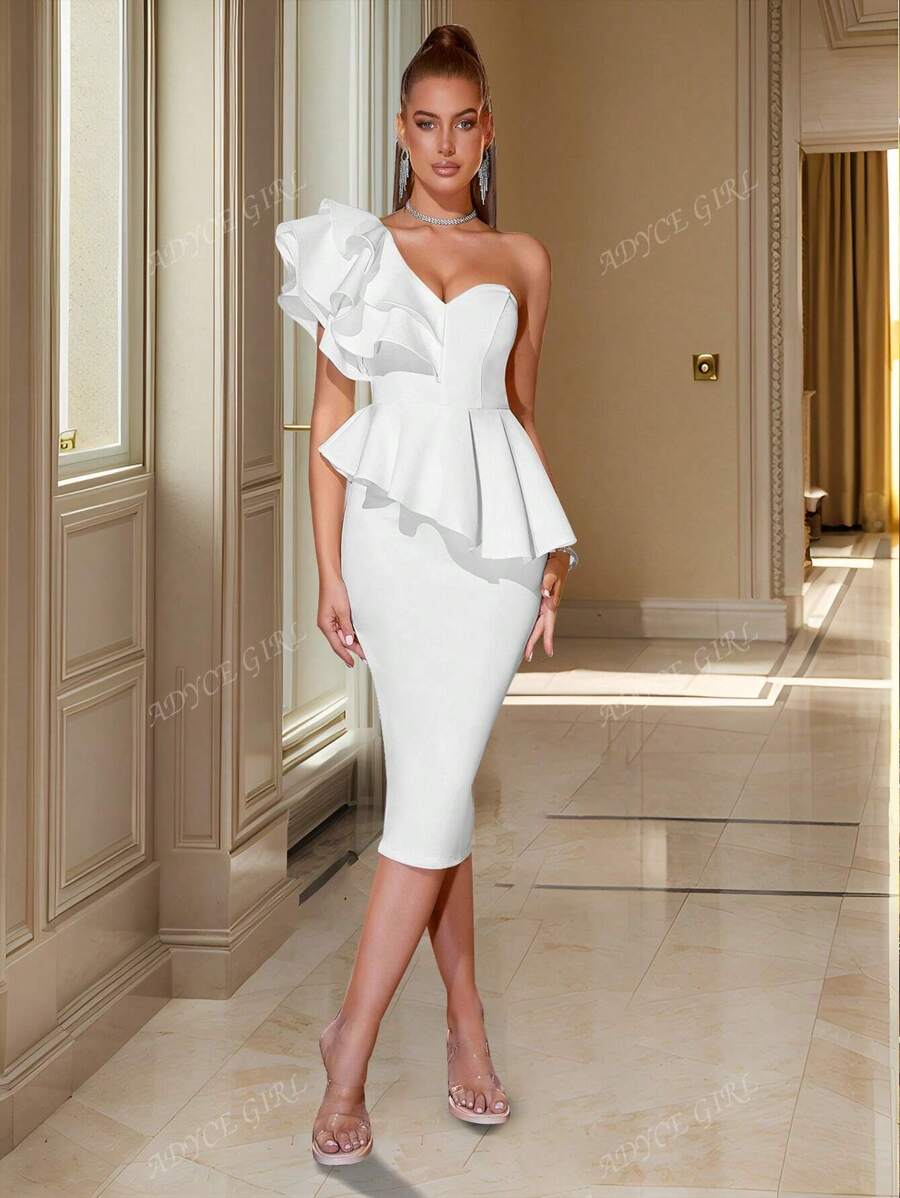 ADYCE One Shoulder Elegant Exaggerated Ruffle Trim Waisted Cocktail Party Bodycon Midi Dress For ...