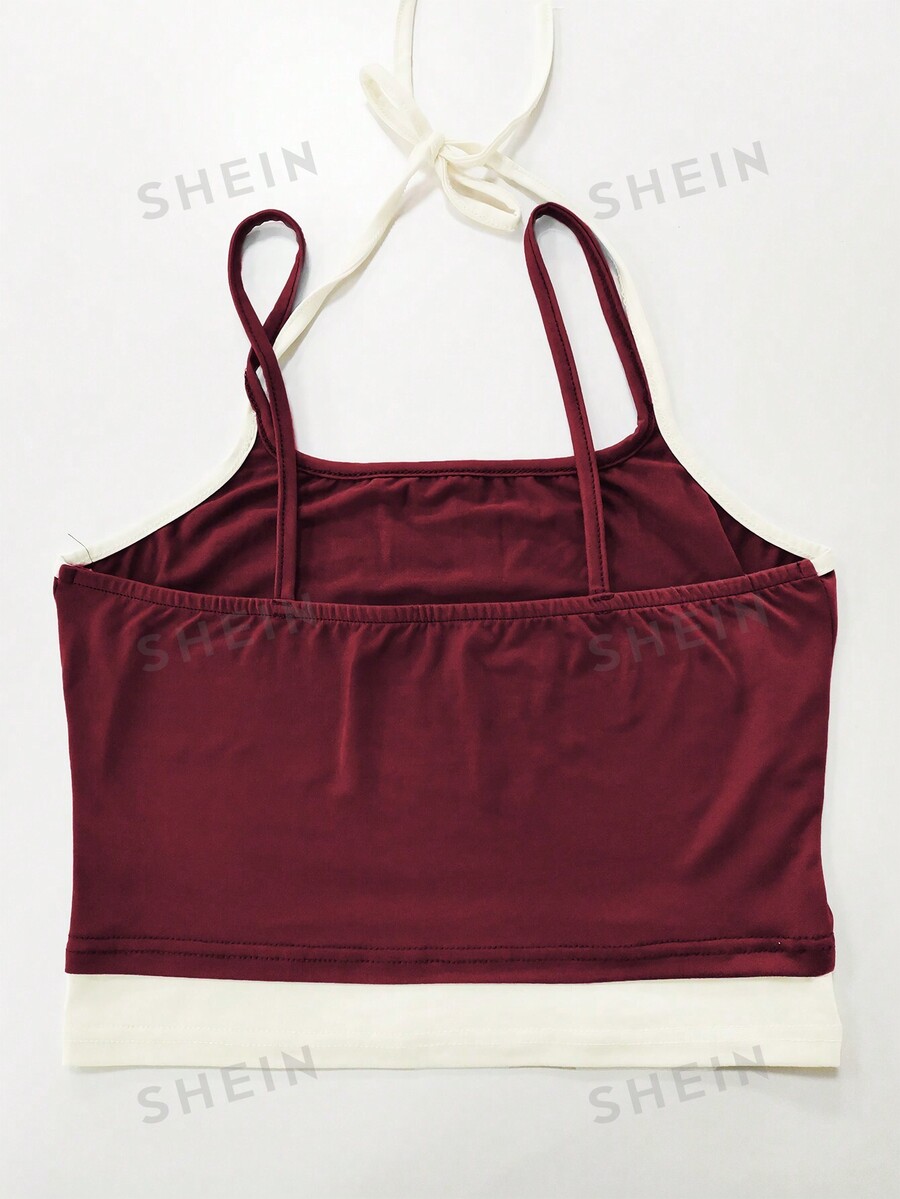 SHEIN EZwear Women Summer Color-Blocked Cropped Halter Top With Straps ...