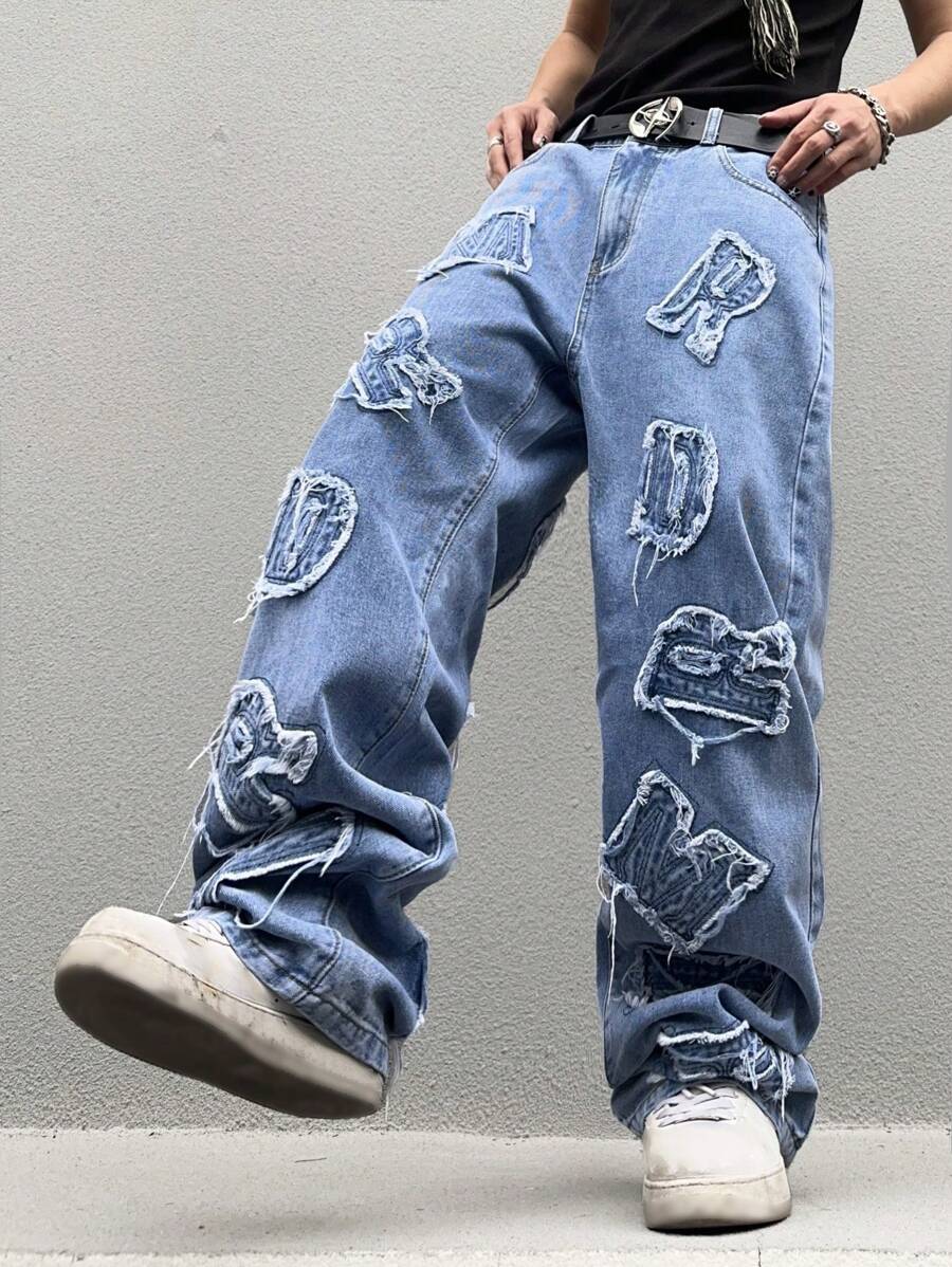 Manfinity EMRG Men Loose Wide-Leg Jeans With Letter Patch And Fringe ...
