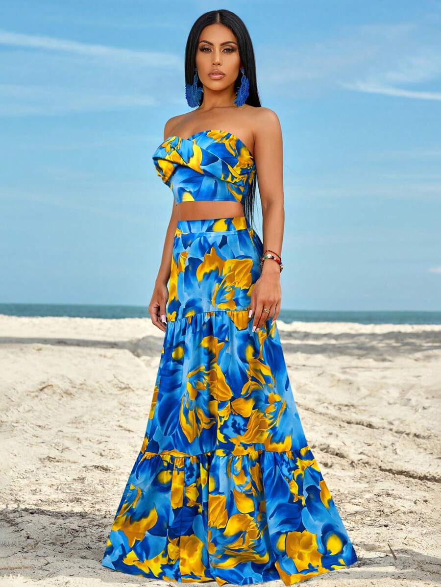 Shein Slayr Ruched Side Twist Bandeau Top And Split Thigh Ruffle Hem