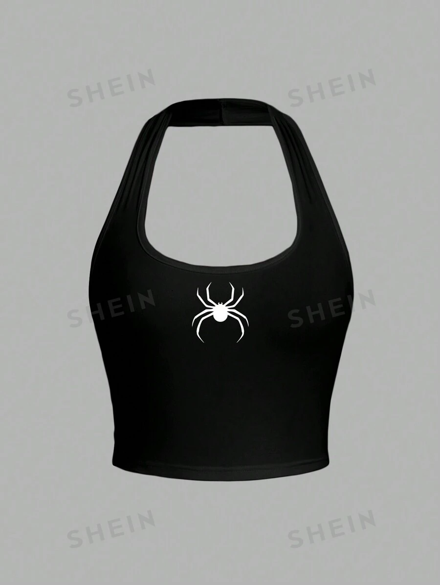 SHEIN EZwear Spider Pattern Halter Neck Crop Tank Top Suitable For ...