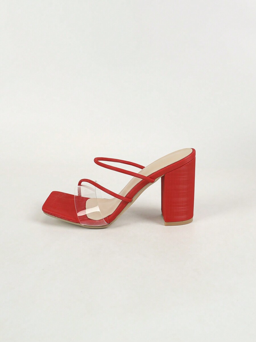 Women Red High Heel Sandals With Square Toe, Chunky Heel, Soft Leather ...