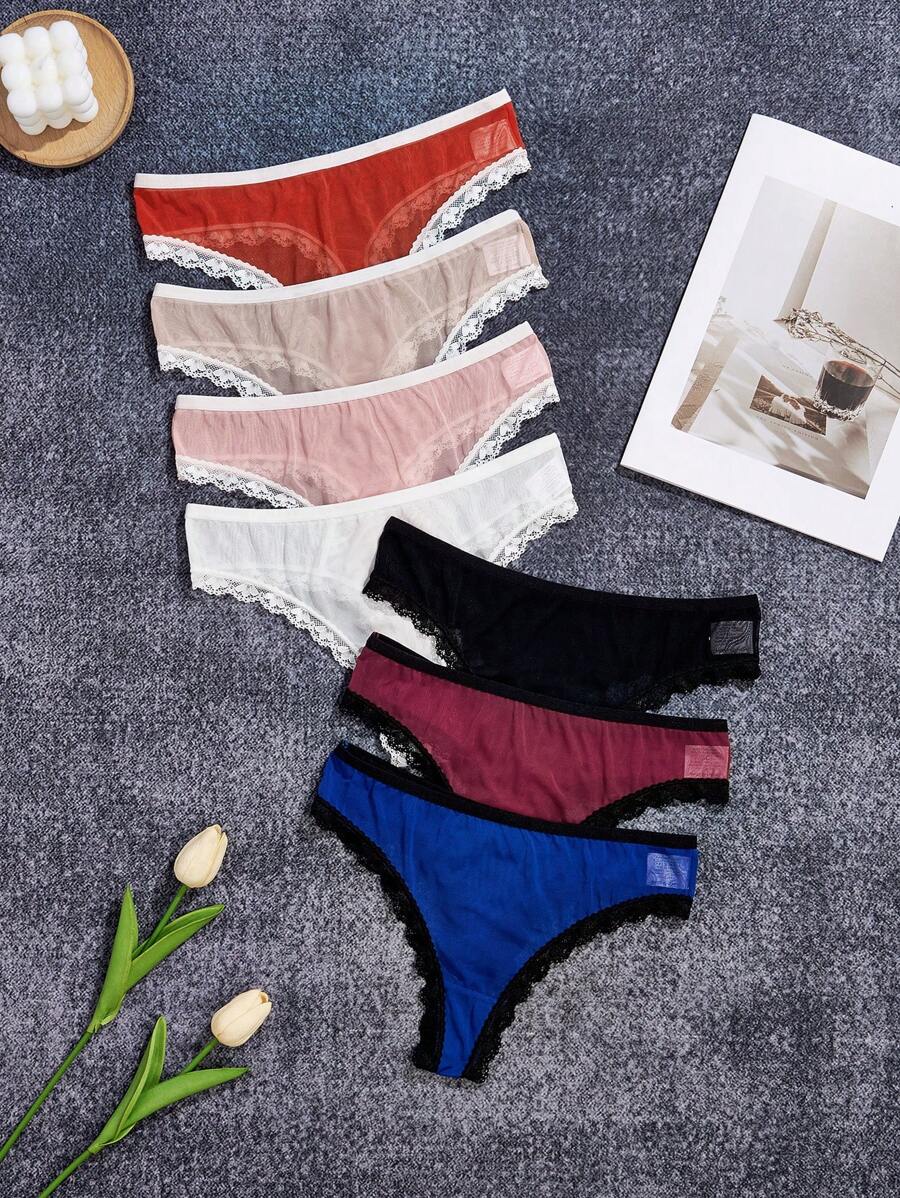 Ensemble de 7 pièces de strings sexy pour femmes en dentelle contrastée ...