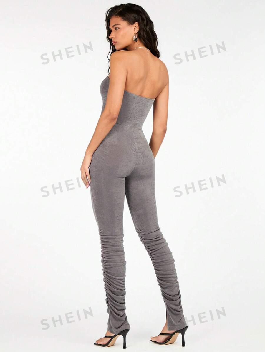 SHEIN BAE Solid Color Strapless Jumpsuit With Ruffle, Slit And Tight ...