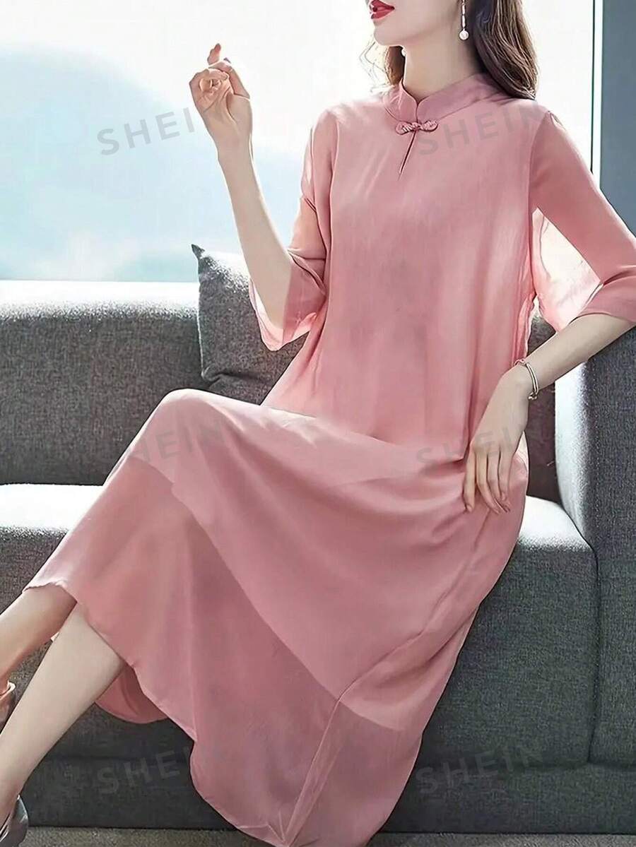 SHEIN Privé Women's Cheongsam Style Midi Dress With Seven-Quarter ...