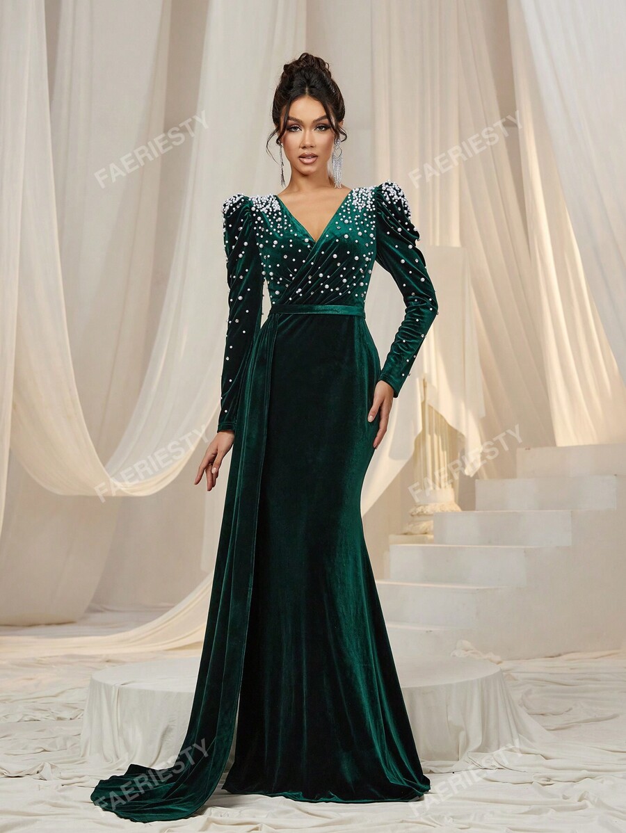 Faeriesty Robe de soirée formelle en velours avec détails de perles et ...