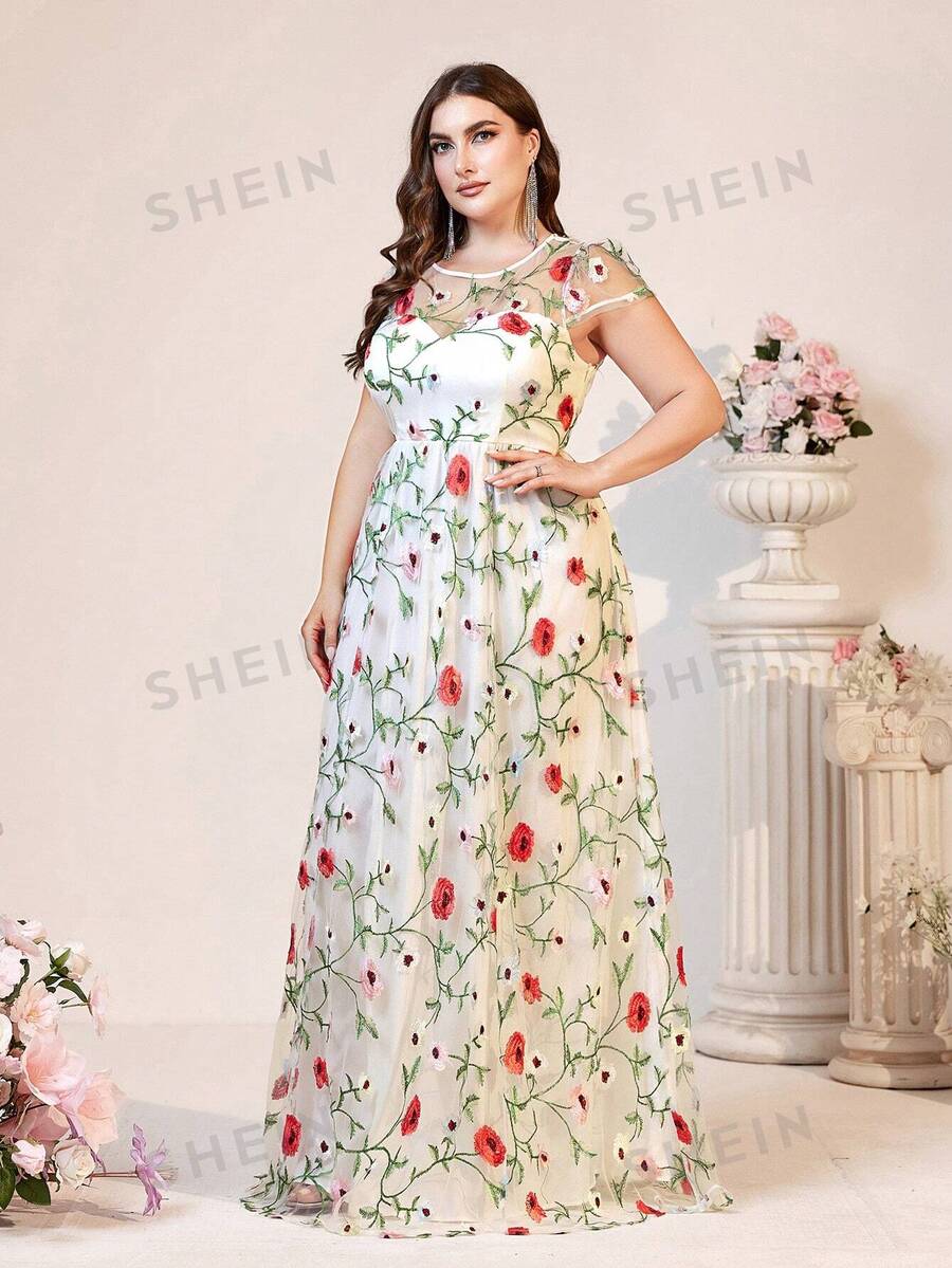 SHEIN Belle Plus Size Elegant Evening Party Dress With Colorful Floral ...