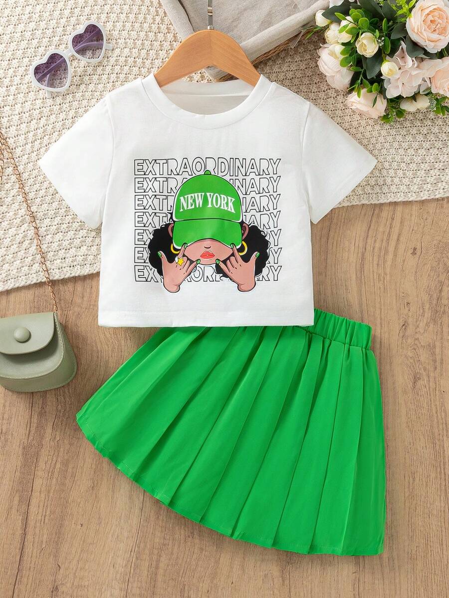 SHEIN Young Girl Cartoon Character & Letter Print Short Sleeve T-Shirt ...