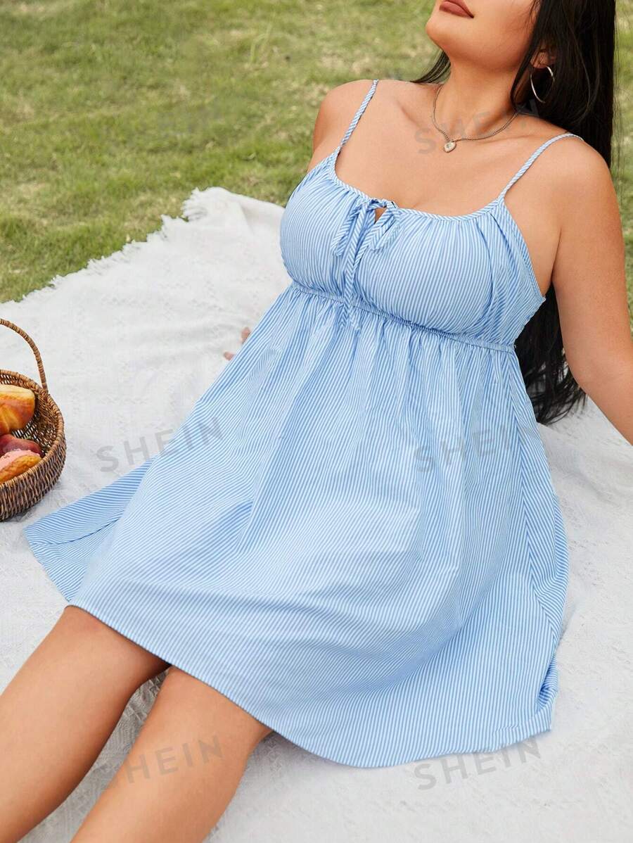 SHEIN EZwear Women's Plus Size Blue & White Vertical Striped Midi Dress ...