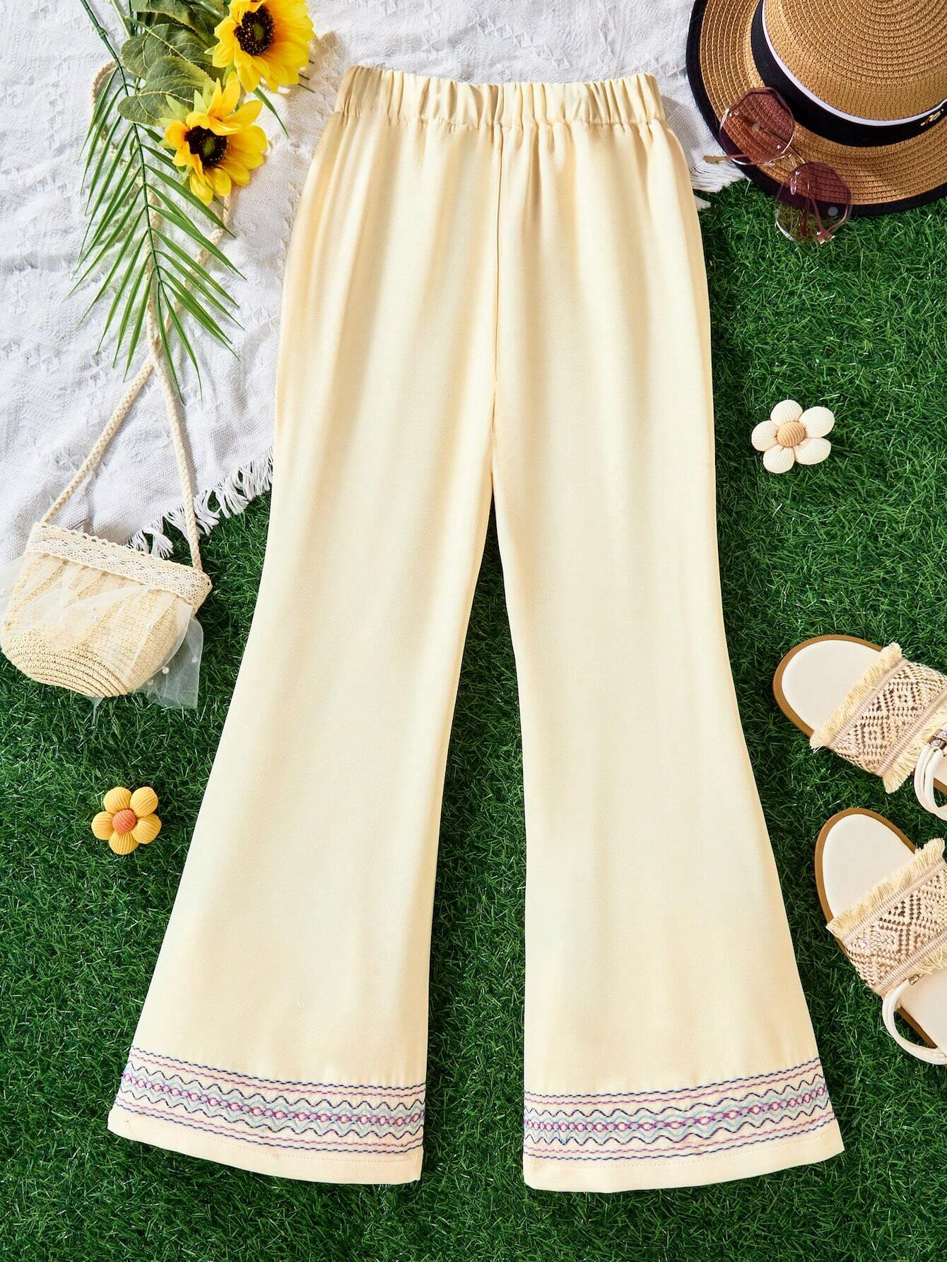 SHEIN Pure Color Lace Spliced Retro Style Summer Long Pants For Tween ...