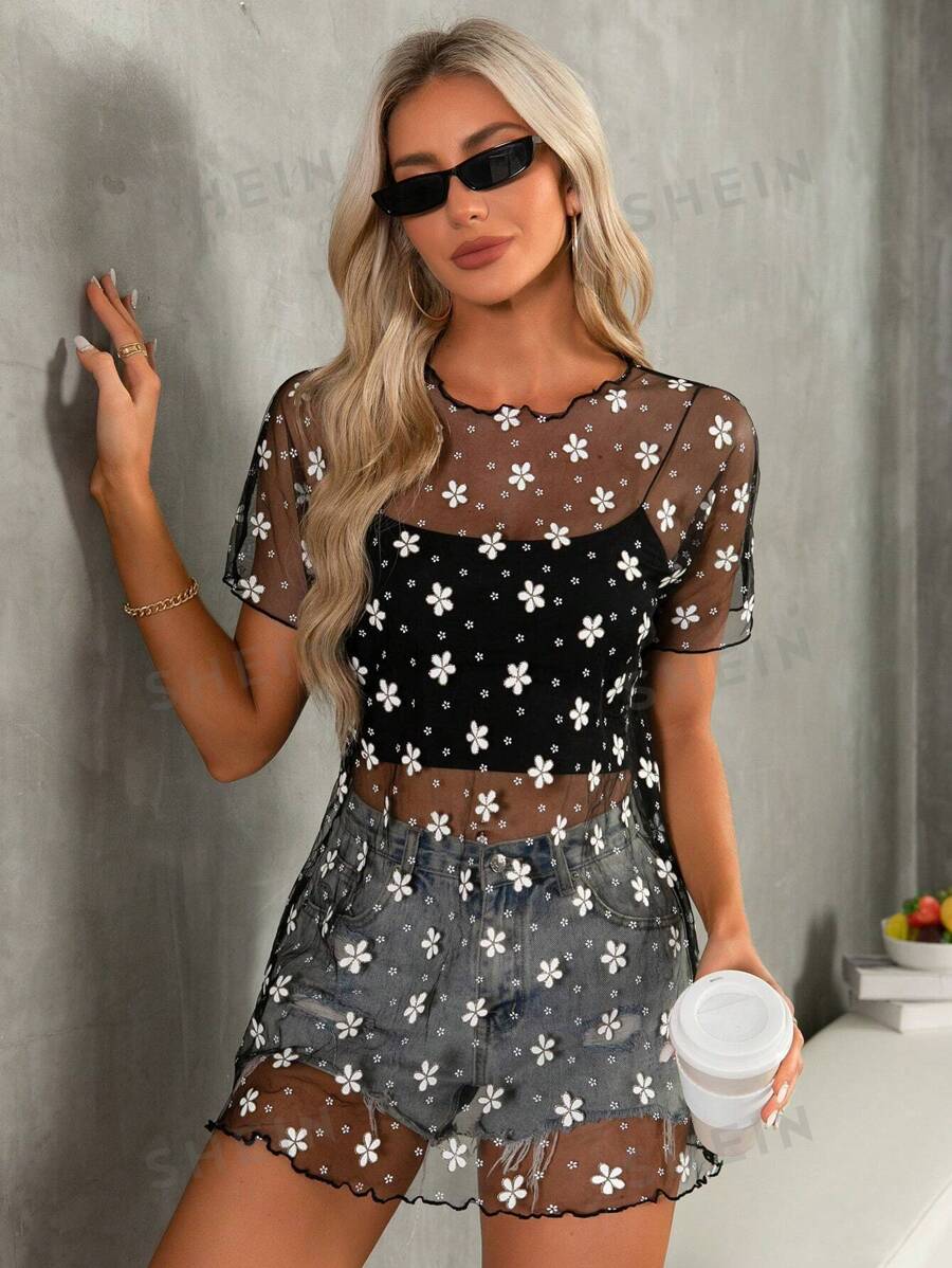 SHEIN Essnce Dames zomer madeliefjesprint transparant casual mode cover ...