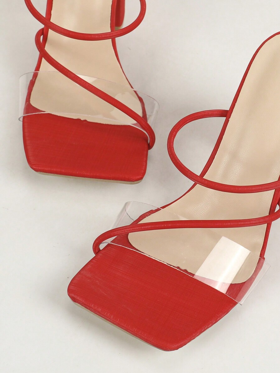 Women Red High Heel Sandals With Square Toe, Chunky Heel, Soft Leather ...