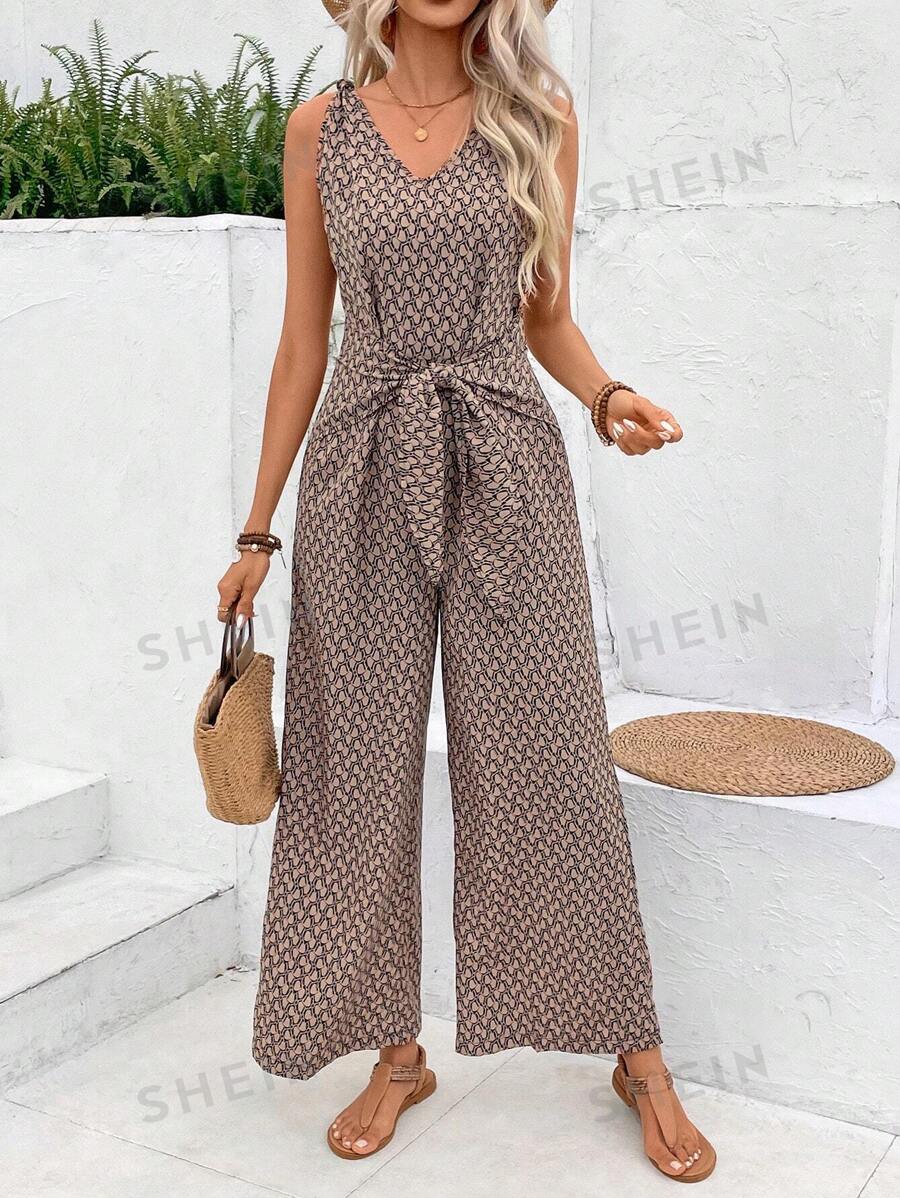 SHEIN Frenchy Women New 2024 Spring Summer Holiday Waist Tie Geometric ...